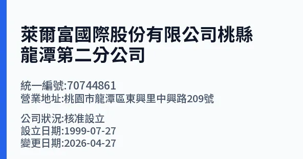 萊爾富國際股份有限公司桃縣龍潭第二分公司的照片-統編 70744861(桃園市) 公司登記資料與營業項目詳細圖表