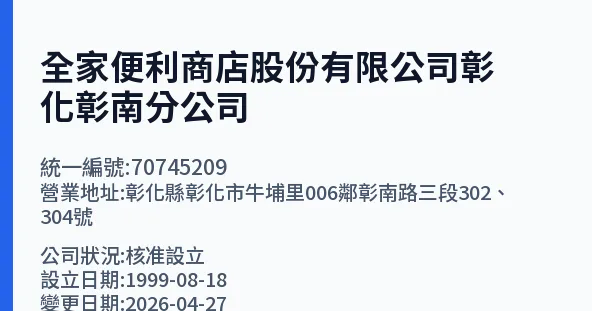 全家便利商店股份有限公司彰化彰南分公司的照片-統編 70745209(彰化縣) 公司登記資料與營業項目詳細圖表