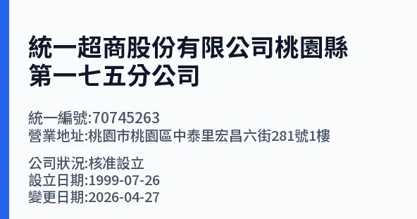 統一超商股份有限公司桃園縣第一七五分公司的照片-統編 70745263(桃園市) 公司登記資料與營業項目詳細圖表