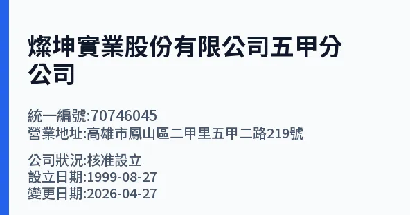 燦坤實業股份有限公司五甲分公司的照片-統編 70746045(高雄市) 公司登記資料與營業項目詳細圖表