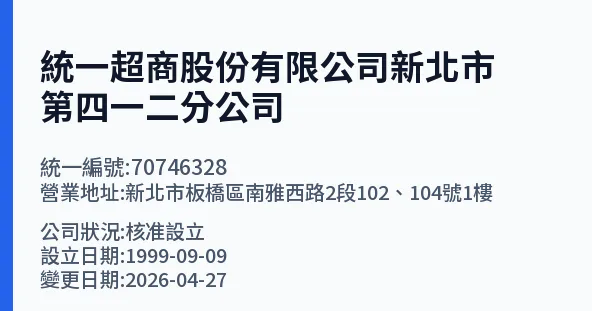 統一超商股份有限公司新北市第四一二分公司的照片-統編 70746328(新北市) 公司登記資料與營業項目詳細圖表