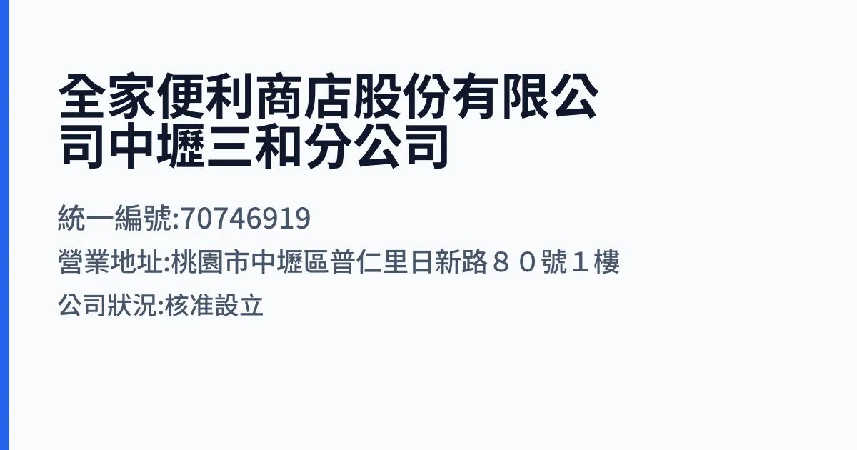 全家便利商店股份有限公司中壢三和分公司 - 統編 70746919(桃園市) 公司登記資料與營業項目詳細圖表