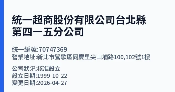 統一超商股份有限公司台北縣第四一五分公司的照片-統編 70747369(新北市) 公司登記資料與營業項目詳細圖表