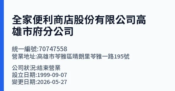 全家便利商店股份有限公司高雄市府分公司的照片-統編 70747558(高雄市) 公司登記資料與營業項目詳細圖表