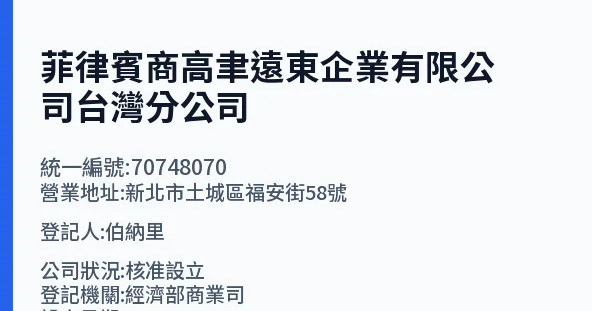 菲律賓商高聿遠東企業有限公司台灣分公司的照片-統編 70748070(新北市) 公司登記資料與營業項目詳細圖表