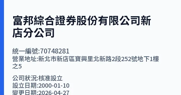 富邦綜合證券股份有限公司新店分公司的照片-統編 70748281(新北市) 公司登記資料與營業項目詳細圖表