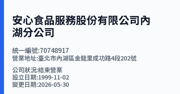 安心食品服務股份有限公司內湖分公司的照片-統編 70748917(臺北市) 公司登記資料與營業項目詳細圖表