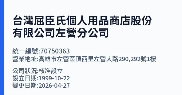 台灣屈臣氏個人用品商店股份有限公司左營分公司的照片-統編 70750363(高雄市) 公司登記資料與營業項目詳細圖表
