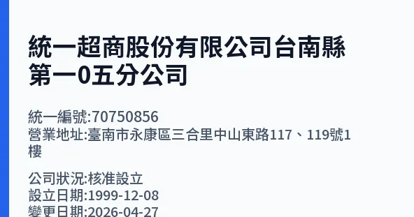 統一超商股份有限公司台南縣第一0五分公司的照片-統編 70750856(臺南市) 公司登記資料與營業項目詳細圖表