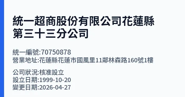 統一超商股份有限公司花蓮縣第三十三分公司的照片-統編 70750878(花蓮縣) 公司登記資料與營業項目詳細圖表