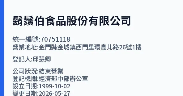 鬍鬚伯食品股份有限公司的照片-統編 70751118(金門縣) 公司登記資料與營業項目詳細圖表