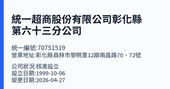 統一超商股份有限公司彰化縣第六十三分公司的照片-統編 70751519(彰化縣) 公司登記資料與營業項目詳細圖表