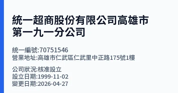 統一超商股份有限公司高雄市第一九一分公司的照片-統編 70751546(高雄市) 公司登記資料與營業項目詳細圖表