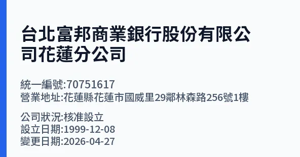 台北富邦商業銀行股份有限公司花蓮分公司的照片-統編 70751617(花蓮縣) 公司登記資料與營業項目詳細圖表