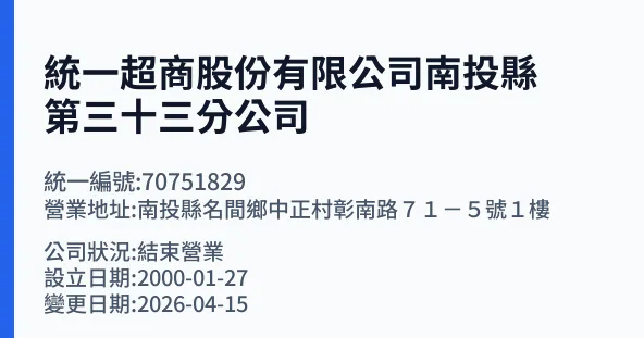 統一超商股份有限公司南投縣第三十三分公司的照片-統編 70751829(南投縣) 公司登記資料與營業項目詳細圖表