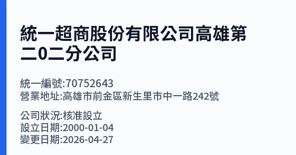 統一超商股份有限公司高雄第二0二分公司的照片-統編 70752643(高雄市) 公司登記資料與營業項目詳細圖表