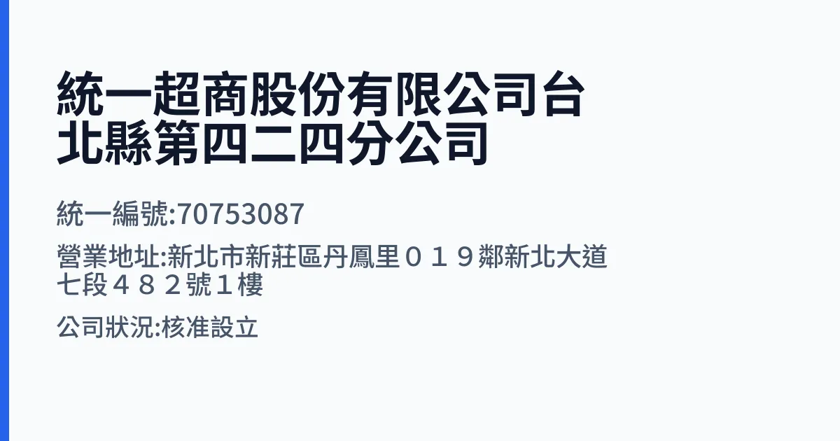 統一超商股份有限公司台北縣第四二四分公司 - 統編 70753087(新北市) 公司登記資料與營業項目詳細圖表