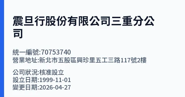 震旦行股份有限公司三重分公司的照片-統編 70753740(新北市) 公司登記資料與營業項目詳細圖表
