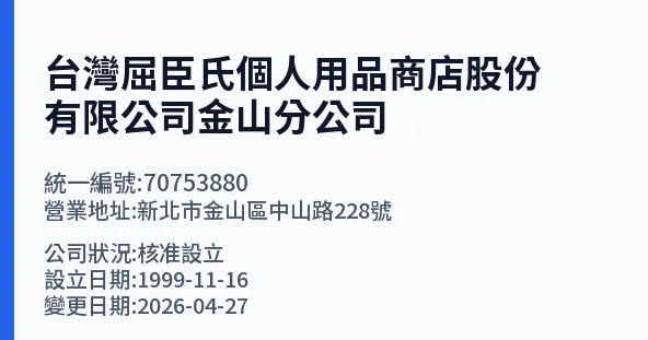 台灣屈臣氏個人用品商店股份有限公司金山分公司的照片-統編 70753880(新北市) 公司登記資料與營業項目詳細圖表