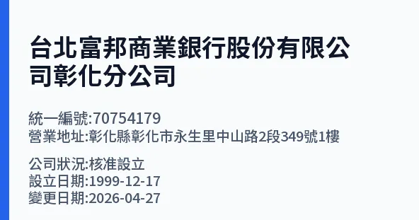 台北富邦商業銀行股份有限公司彰化分公司的照片-統編 70754179(彰化縣) 公司登記資料與營業項目詳細圖表