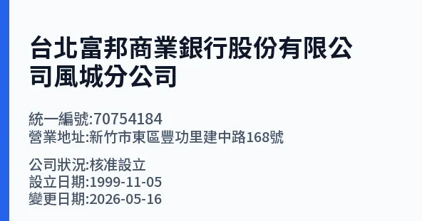 台北富邦商業銀行股份有限公司風城分公司的照片-統編 70754184(新竹市) 公司登記資料與營業項目詳細圖表