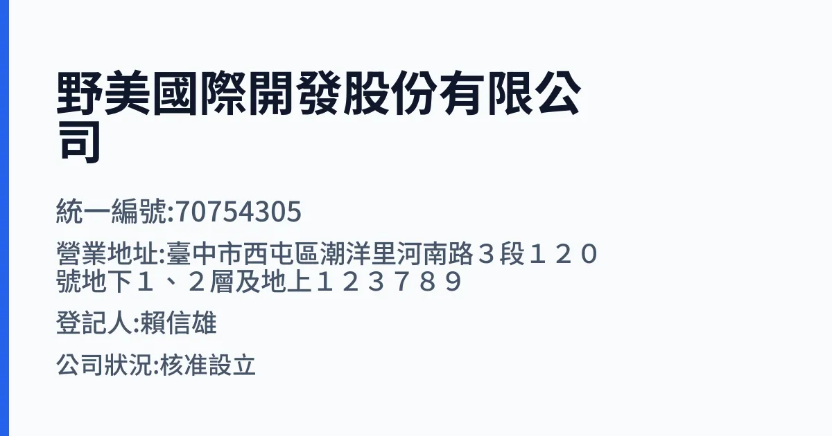 野美國際開發股份有限公司 - 統編 70754305(臺中市) 公司登記資料與營業項目詳細圖表