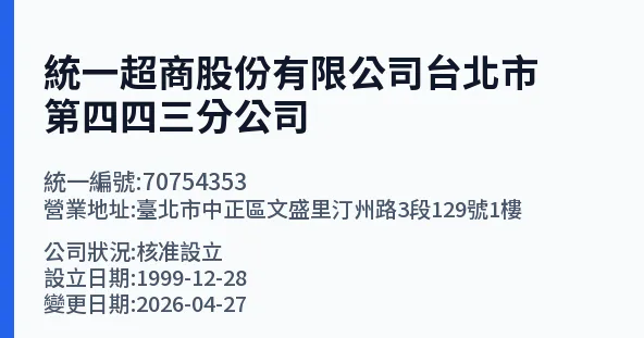 統一超商股份有限公司台北市第四四三分公司的照片-統編 70754353(臺北市) 公司登記資料與營業項目詳細圖表