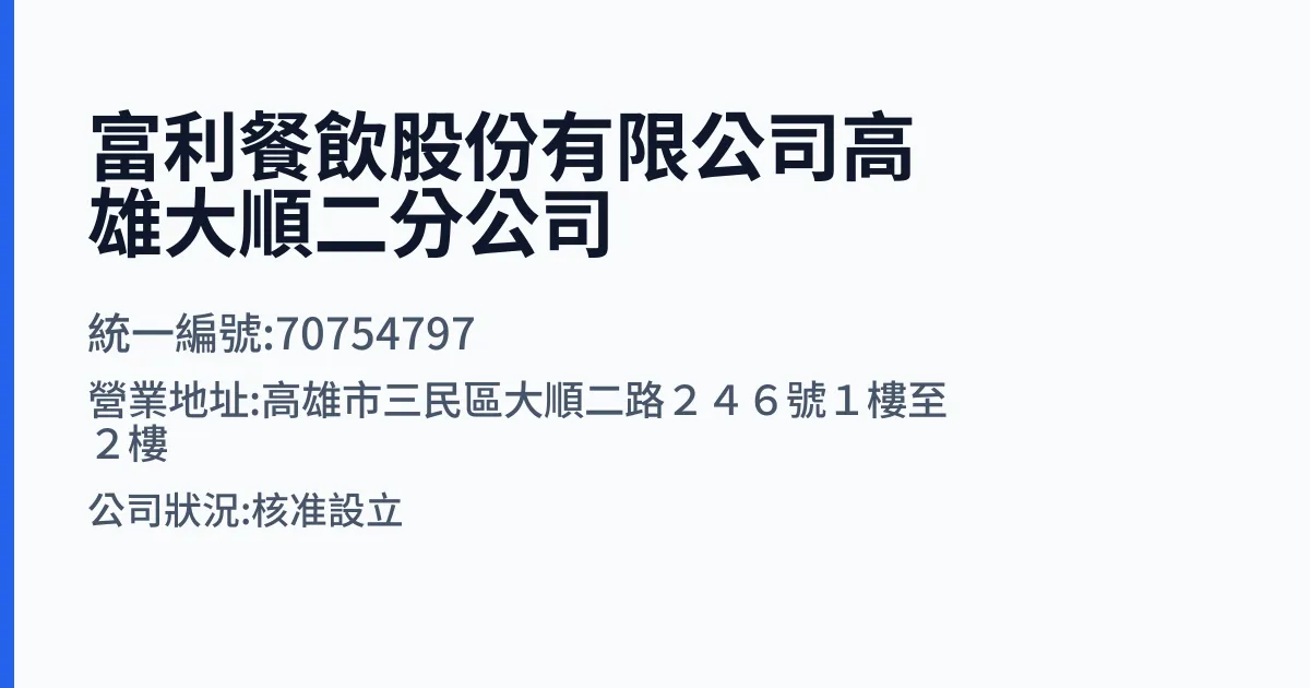 富利餐飲股份有限公司高雄大順二分公司 - 統編 70754797(高雄市) 公司登記資料與營業項目詳細圖表