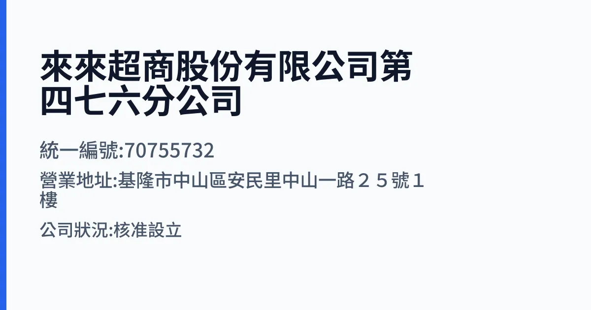 來來超商股份有限公司第四七六分公司 - 統編 70755732(基隆市) 公司登記資料與營業項目詳細圖表