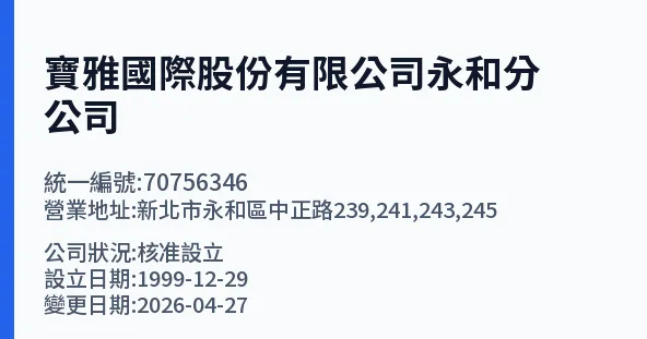 寶雅國際股份有限公司永和分公司的照片-統編 70756346(新北市) 公司登記資料與營業項目詳細圖表