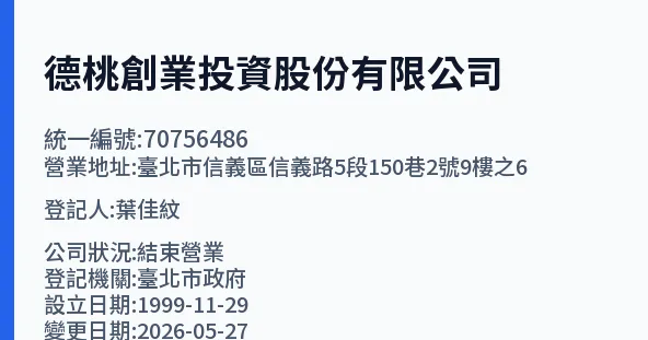 德桃創業投資股份有限公司的照片-統編 70756486(臺北市) 公司登記資料與營業項目詳細圖表