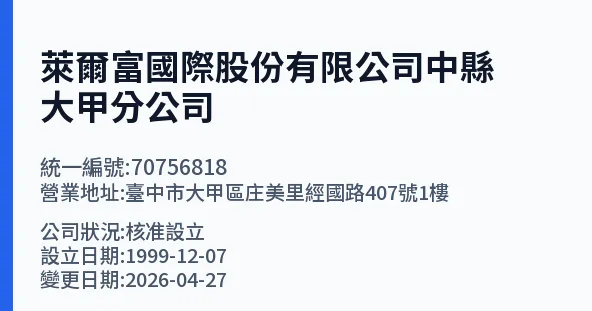 萊爾富國際股份有限公司中縣大甲分公司的照片-統編 70756818(臺中市) 公司登記資料與營業項目詳細圖表