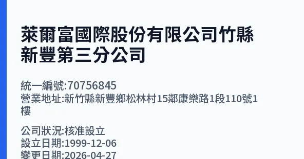 萊爾富國際股份有限公司竹縣新豐第三分公司的照片-統編 70756845(新竹縣) 公司登記資料與營業項目詳細圖表