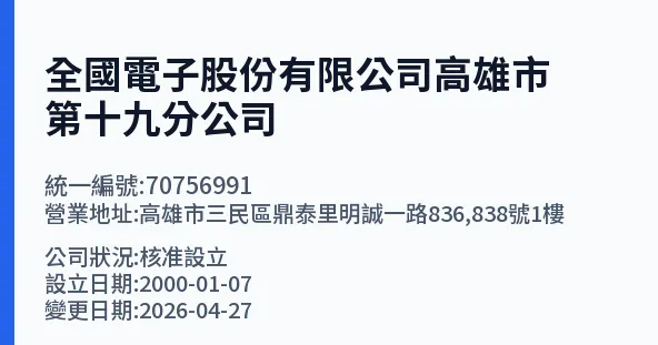 全國電子股份有限公司高雄市第十九分公司的照片-統編 70756991(高雄市) 公司登記資料與營業項目詳細圖表