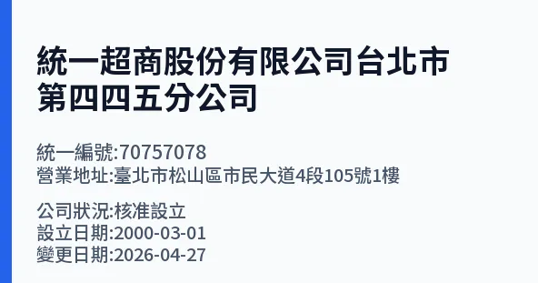 統一超商股份有限公司台北市第四四五分公司的照片-統編 70757078(臺北市) 公司登記資料與營業項目詳細圖表