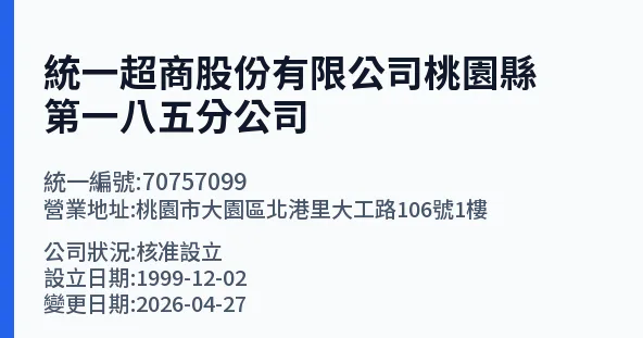 統一超商股份有限公司桃園縣第一八五分公司的照片-統編 70757099(桃園市) 公司登記資料與營業項目詳細圖表
