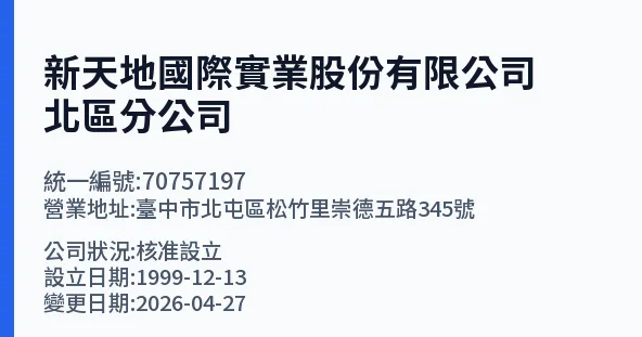 新天地國際實業股份有限公司北區分公司的照片-統編 70757197(臺中市) 公司登記資料與營業項目詳細圖表