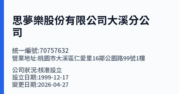 思夢樂股份有限公司大溪分公司的照片-統編 70757632(桃園市) 公司登記資料與營業項目詳細圖表