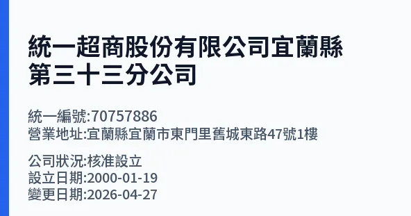 統一超商股份有限公司宜蘭縣第三十三分公司的照片-統編 70757886(宜蘭縣) 公司登記資料與營業項目詳細圖表