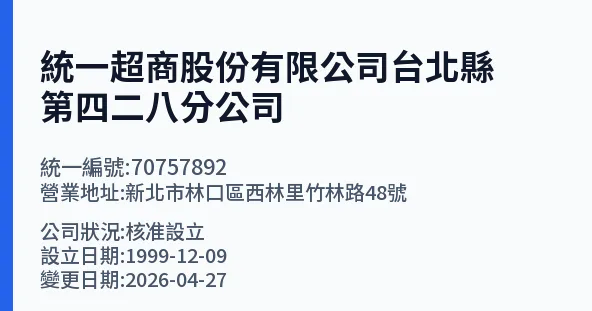 統一超商股份有限公司台北縣第四二八分公司的照片-統編 70757892(新北市) 公司登記資料與營業項目詳細圖表