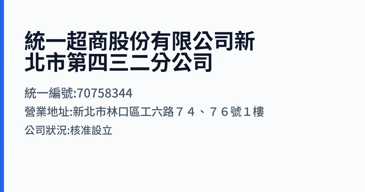統一超商股份有限公司新北市第四三二分公司 - 統編 70758344(新北市) 公司登記資料與營業項目詳細圖表