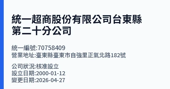 統一超商股份有限公司台東縣第二十分公司的照片-統編 70758409(臺東縣) 公司登記資料與營業項目詳細圖表