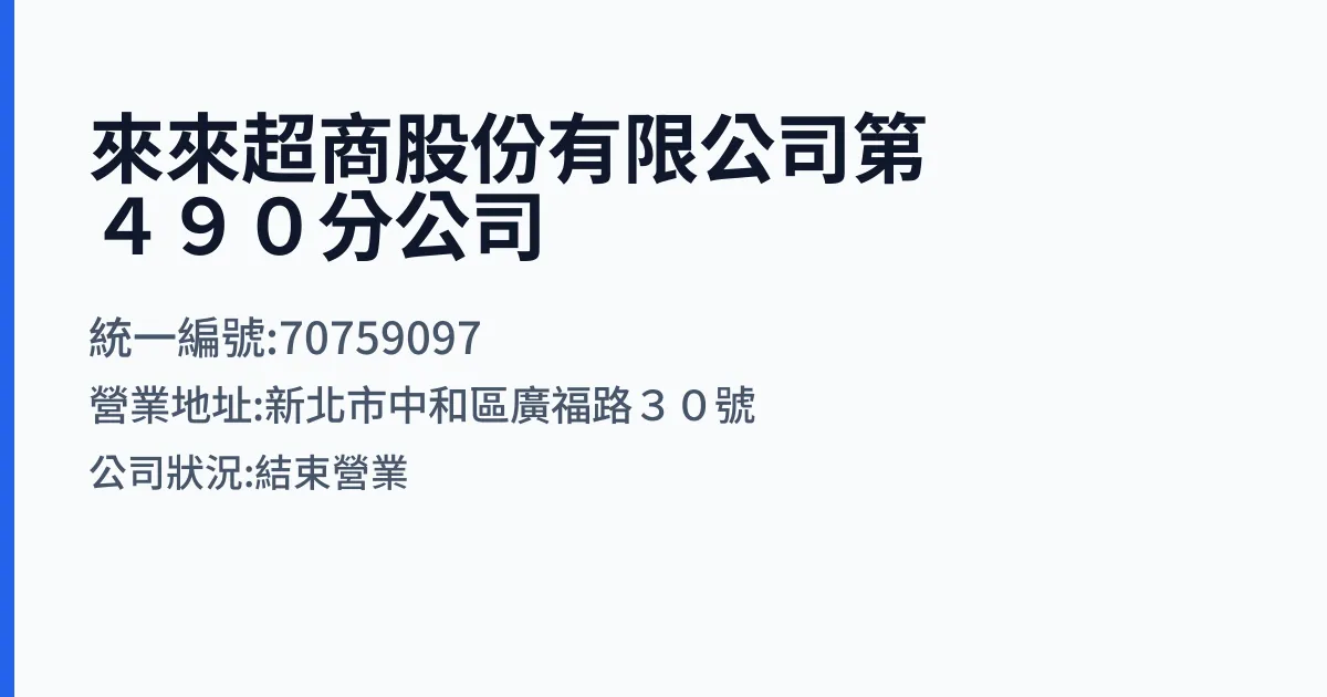 來來超商股份有限公司第490分公司 - 統編 70759097(新北市) 公司登記資料與營業項目詳細圖表