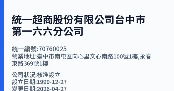 統一超商股份有限公司台中市第一六六分公司的照片-統編 70760025(臺中市) 公司登記資料與營業項目詳細圖表
