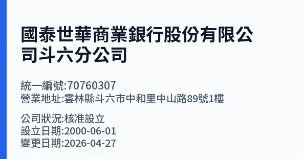 國泰世華商業銀行股份有限公司斗六分公司的照片-統編 70760307(雲林縣) 公司登記資料與營業項目詳細圖表