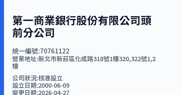 第一商業銀行股份有限公司頭前分公司的照片-統編 70761122(新北市) 公司登記資料與營業項目詳細圖表
