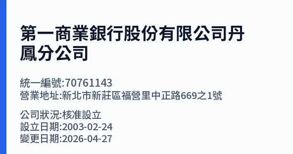第一商業銀行股份有限公司丹鳳分公司的照片-統編 70761143(新北市) 公司登記資料與營業項目詳細圖表