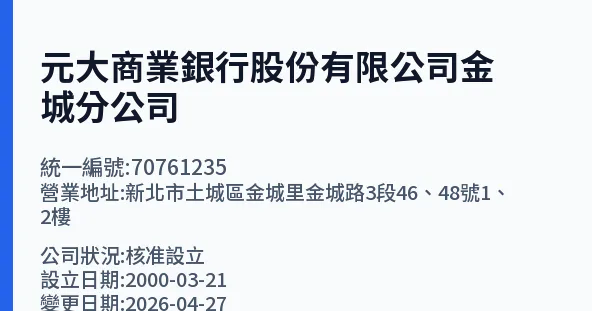 元大商業銀行股份有限公司金城分公司的照片-統編 70761235(新北市) 公司登記資料與營業項目詳細圖表