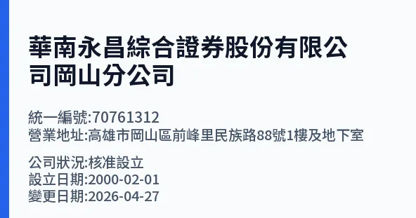 華南永昌綜合證券股份有限公司岡山分公司的照片-統編 70761312(高雄市) 公司登記資料與營業項目詳細圖表