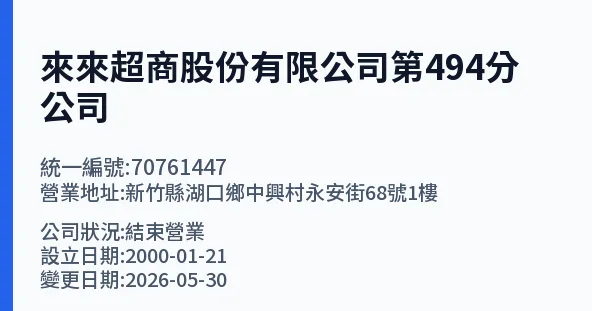 來來超商股份有限公司第494分公司的照片-統編 70761447(新竹縣) 公司登記資料與營業項目詳細圖表